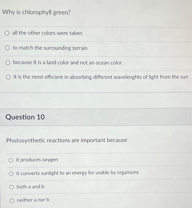 Solved Why is chlorophyll green? O all the other colors were | Chegg.com