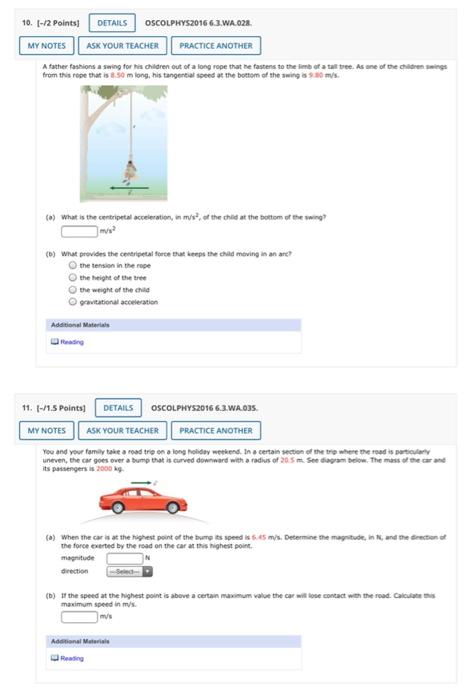 Solved 10. - 2 Points) DETAILS OSCOLPHYS2016 6.3.A.028 MY | Chegg.com Solved 10. - 2 Points) DETAILS OSCOLPHYS2016 6.3.A.028 MY | Chegg.com