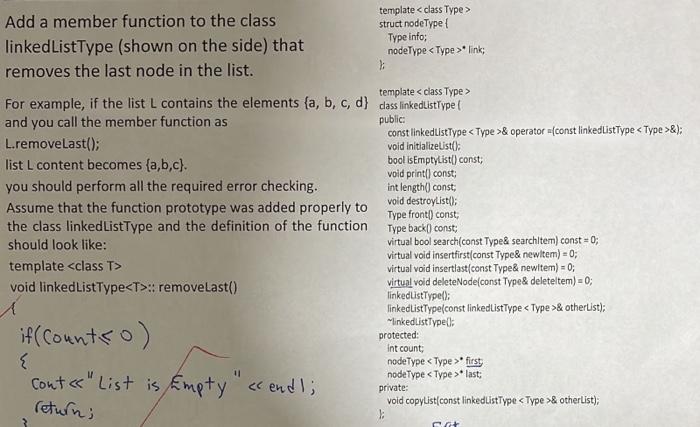 Solved Add a member function to the class linkedListType | Chegg.com