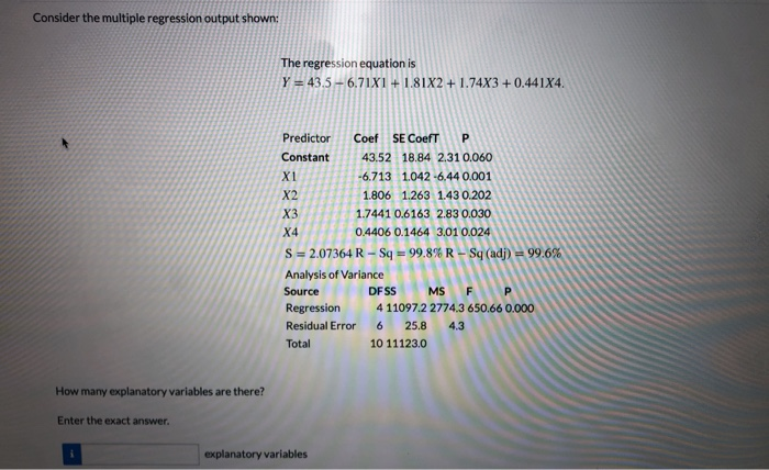 Solved Consider the multiple regression output shown: The | Chegg.com