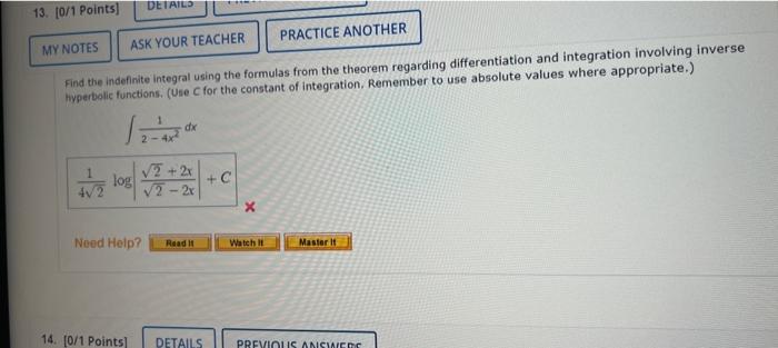 Solved Find the indefinite integral using the formulas from | Chegg.com