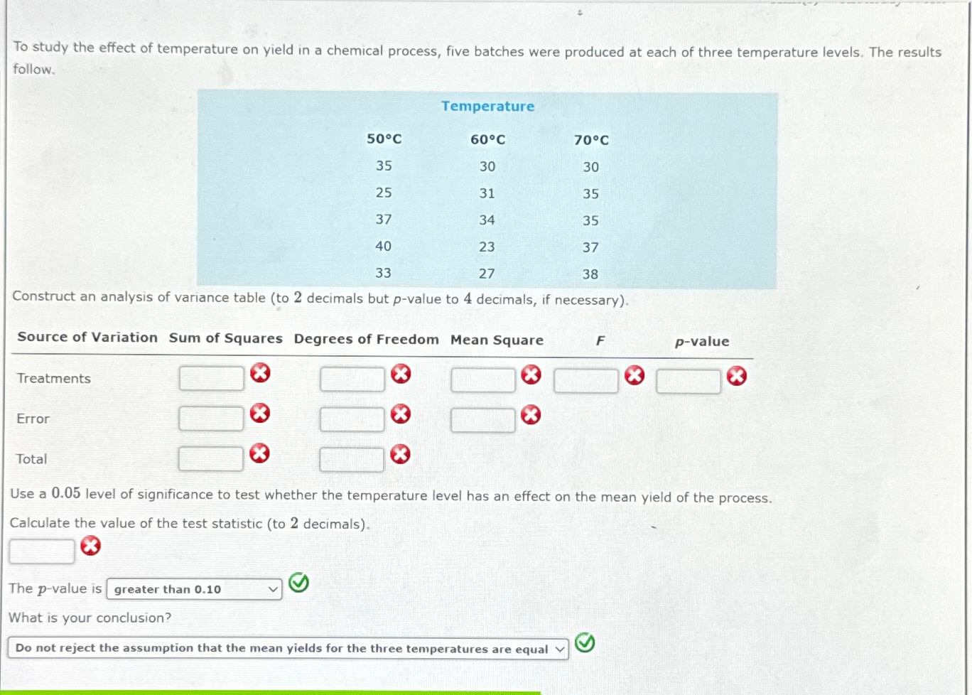 Solved To study the effect of temperature on yield in a | Chegg.com