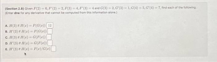 Solved (Section 2.8) Given F(2) = 6, F'(2) = 2, F(3) = 4, | Chegg.com