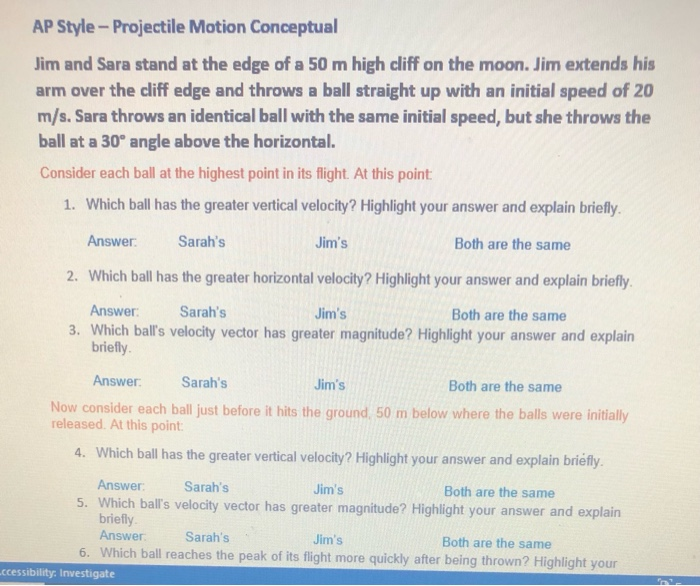 Solved AP Style - Projectile Motion Conceptual Jim and Sara | Chegg.com