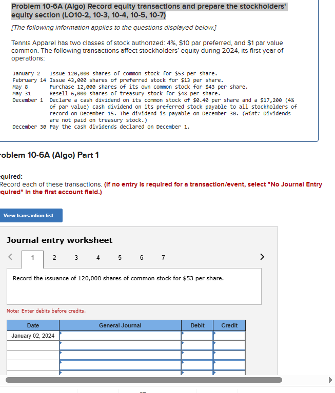 Solved Problem 10-6A (Algo) ﻿Record equity transactlons and | Chegg.com
