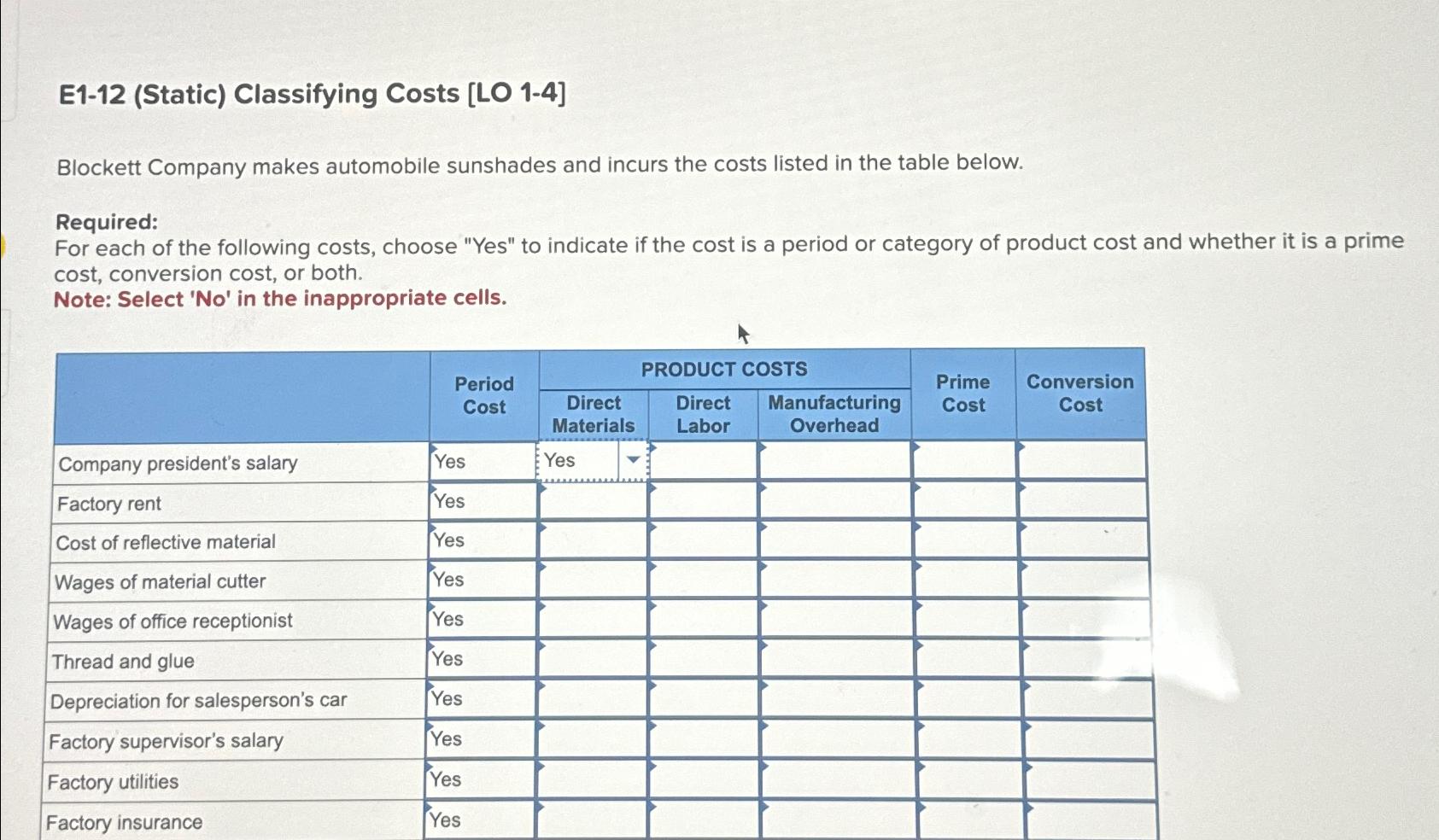 Solved E1-12 (Static) Classifying Costs [LO 1-4]\\nBlockett | Chegg.com