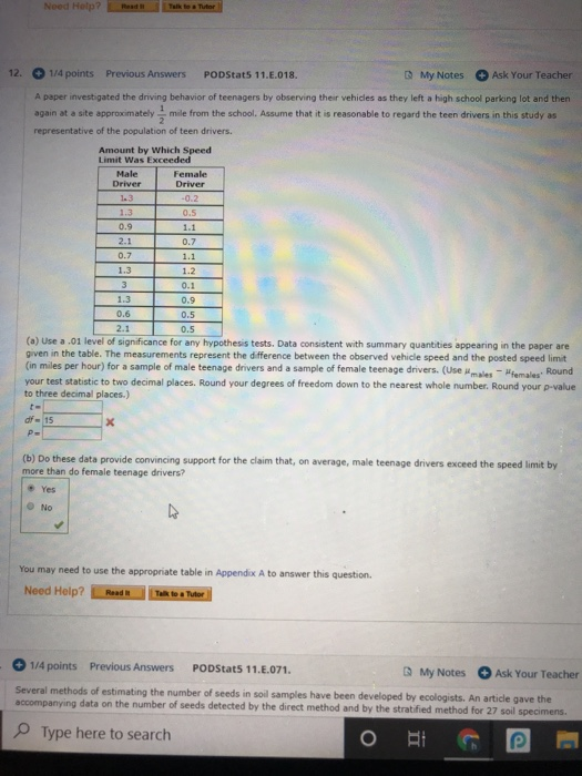 Solved 12. 1/4 points Previous Answers PODStats 11.0.018. My | Chegg.com