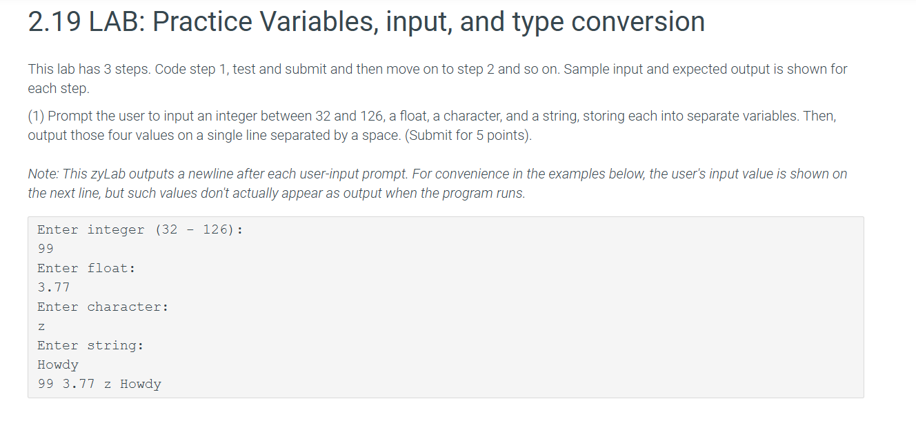 Solved 2.19 ﻿LAB: Practice Variables, input, and type | Chegg.com