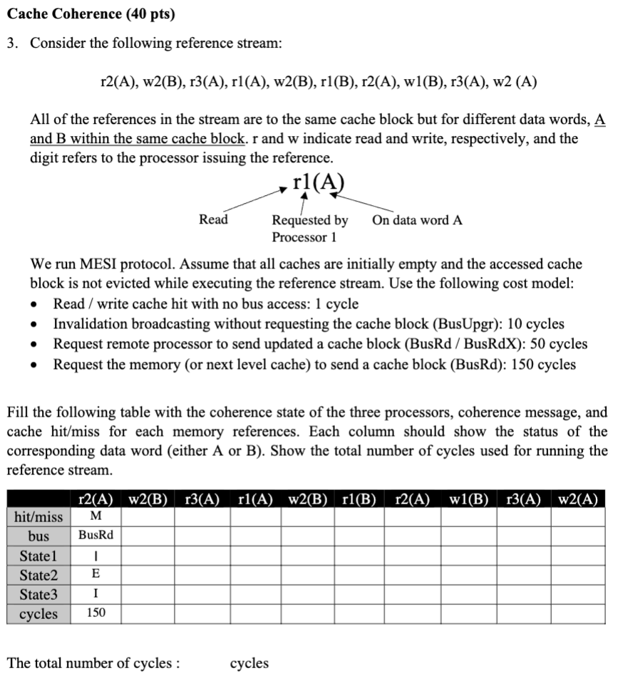 Solved Cache Coherence (40 ﻿pts)3. ﻿Consider the following | Chegg.com