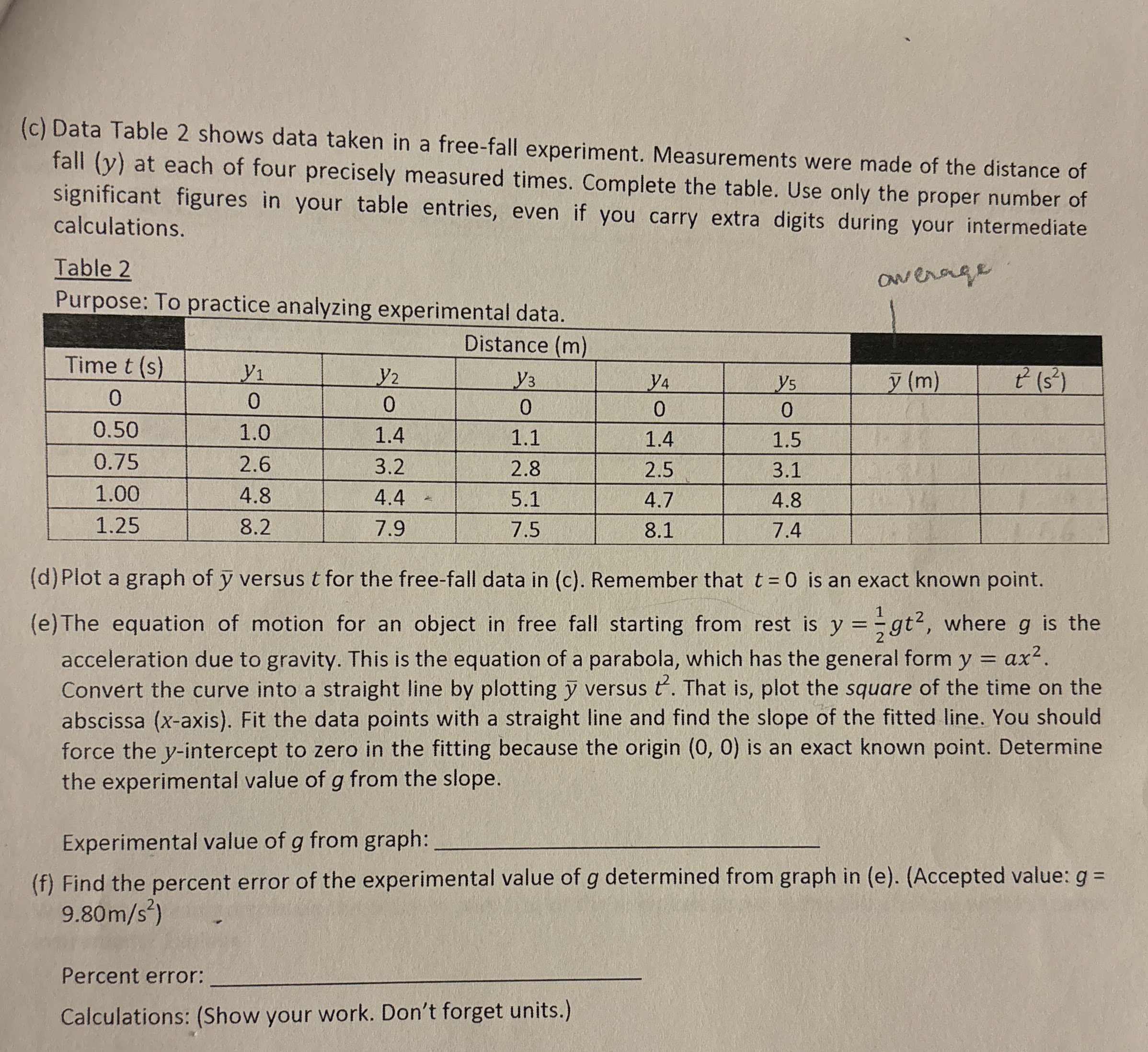 Solved (c) ﻿Data Table 2 ﻿shows data taken in a free-fall | Chegg.com