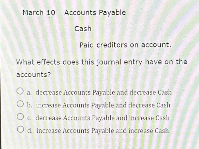 Solved March 10 Accounts Payable Cash Paid creditors on | Chegg.com