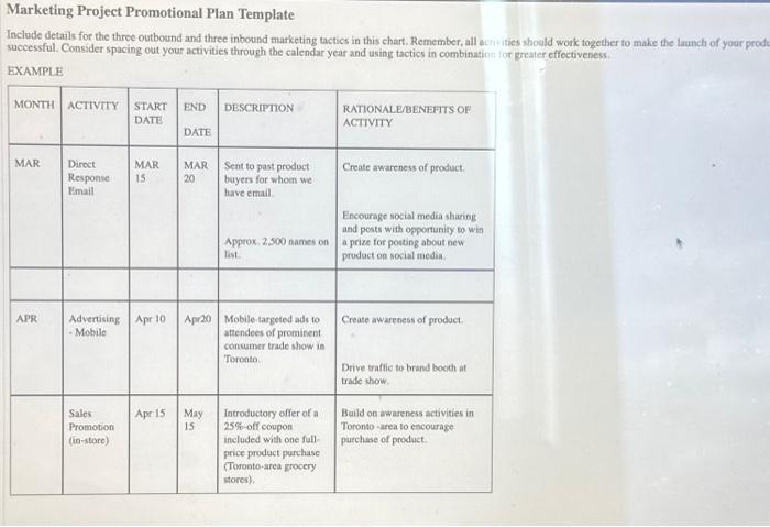 Solved Marketing Project Promotional Plan Template Include | Chegg.com