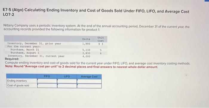 Solved E7-5 (Algo) Calculating Ending Inventory and Cost of | Chegg.com