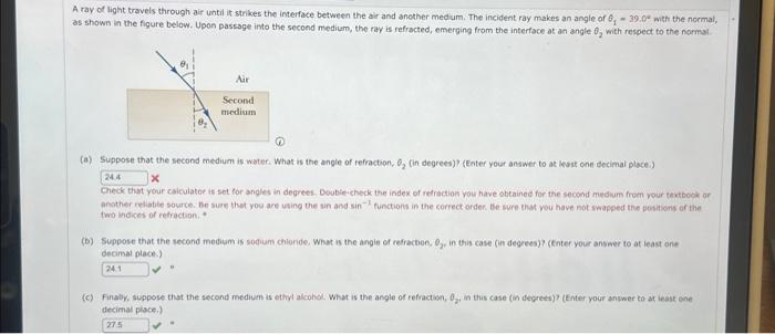 Solved A ray of light travels through air until it strikes | Chegg.com