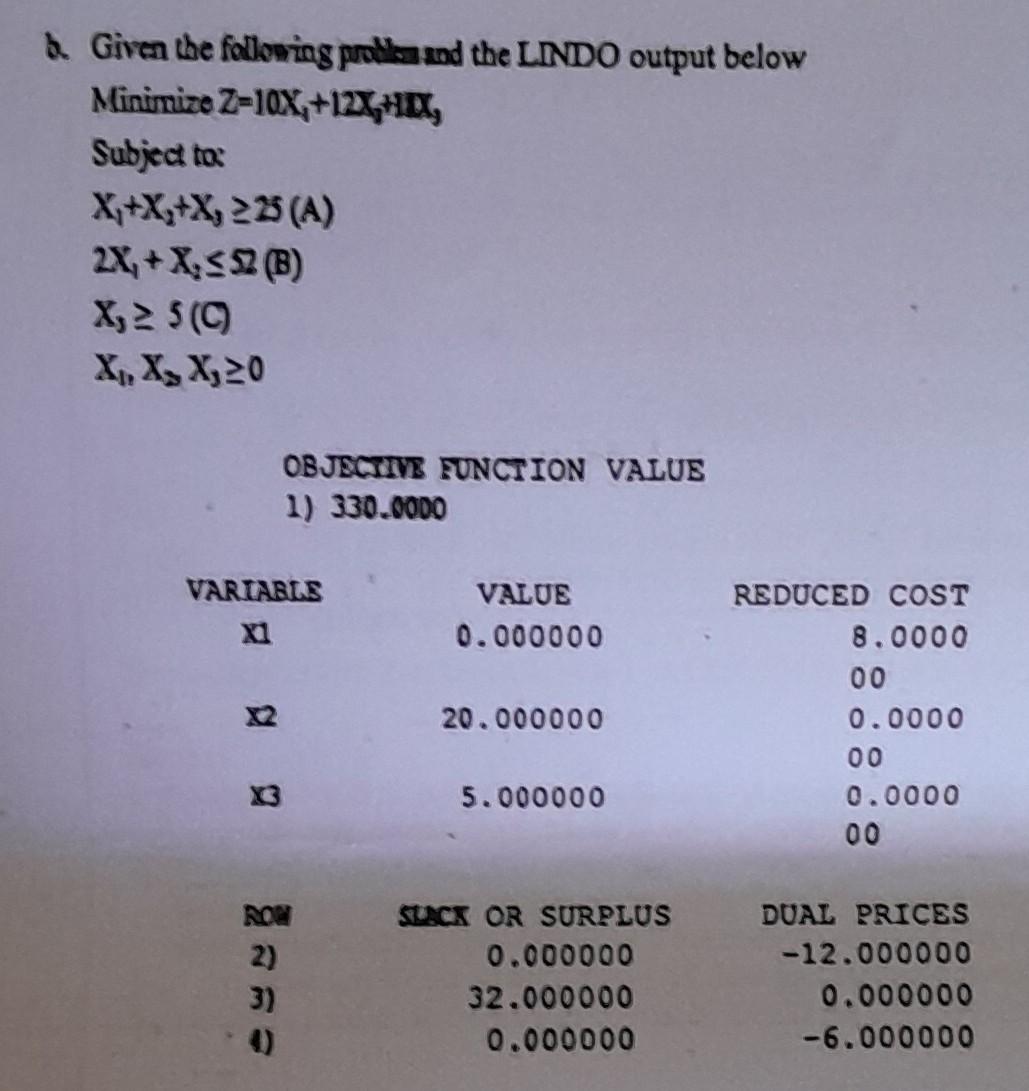 Solved b. Given the following protherand the LINDO output | Chegg.com