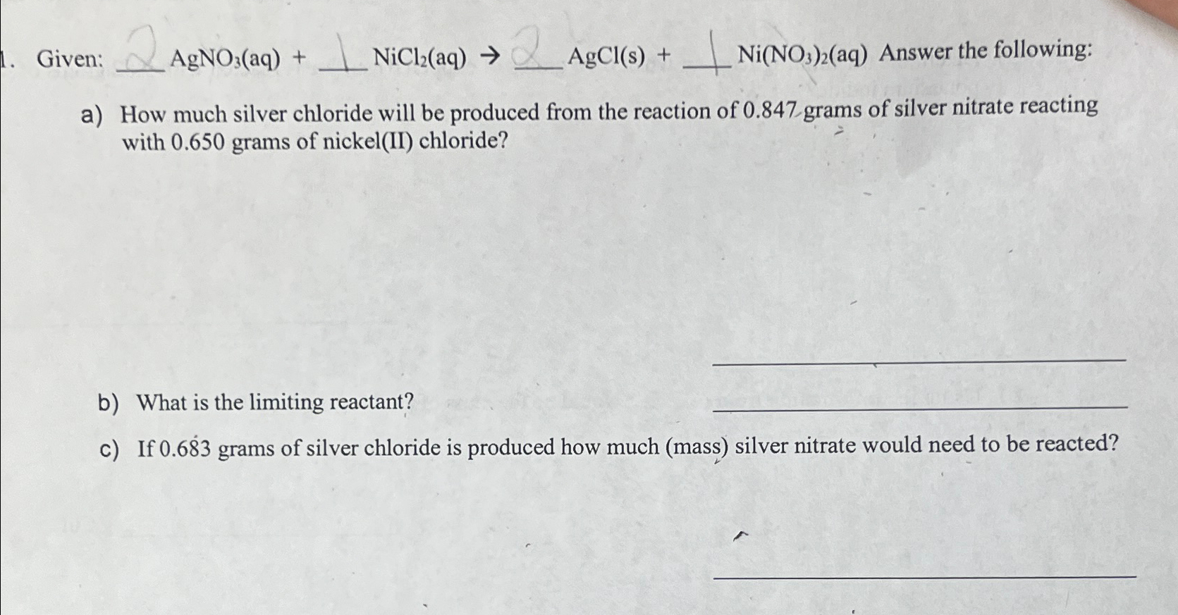 Solved Given:AgNO3(aq)+|??NiCl2(aq)→AgCl2|a) ﻿How much | Chegg.com