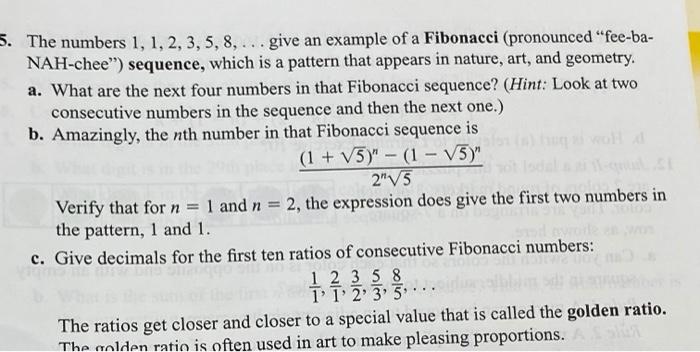Solved 5. The numbers 1, 1, 2, 3, 5, 8, ... give an example | Chegg.com