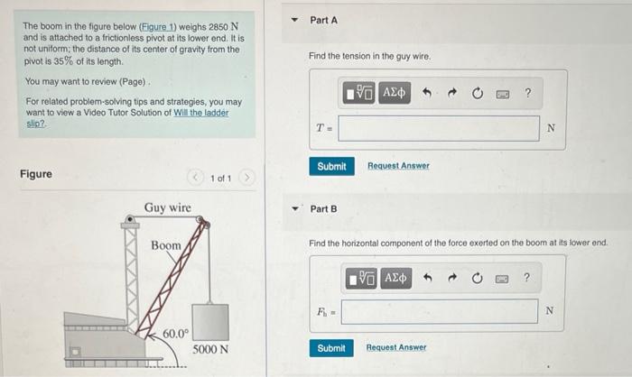 Solved The boom in the figure below (Figure 1) weighs 2850 N | Chegg.com
