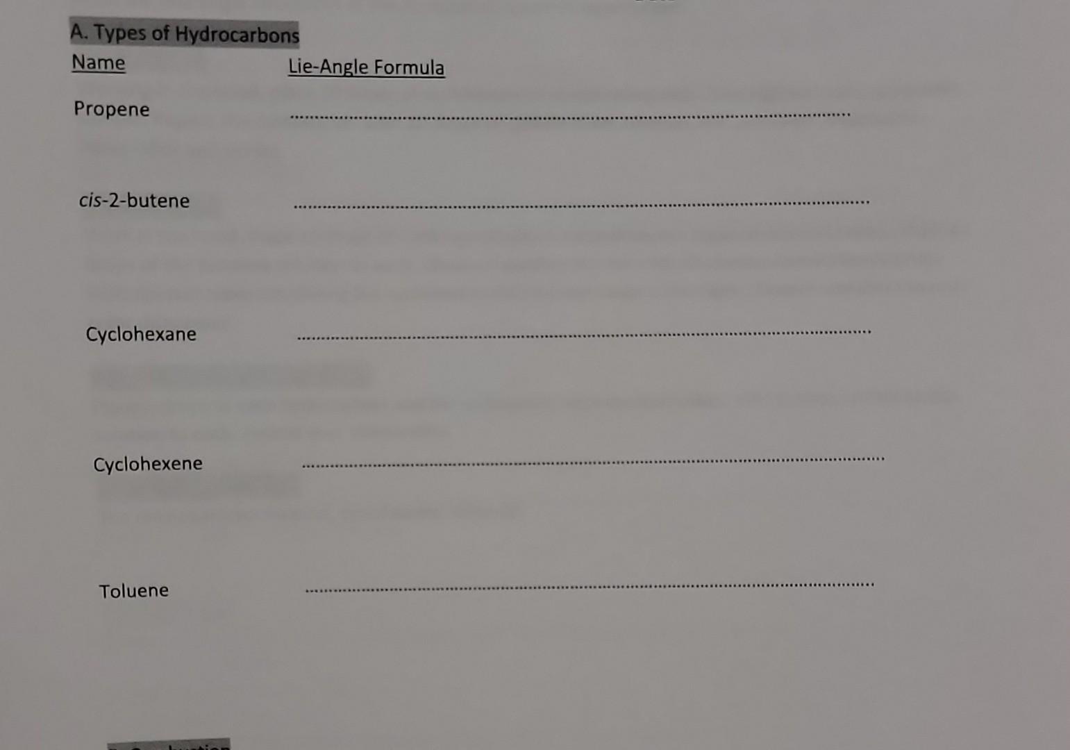 Solved A. Types of Hydrocarbons Name Lie-Angle Formula | Chegg.com