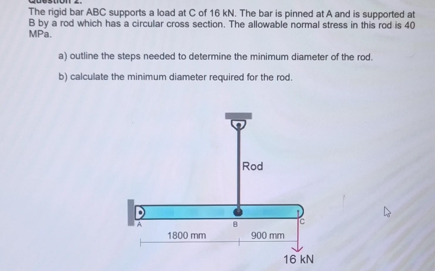 Solved The rigid bar ABC supports a load at C of 16kN. The | Chegg.com