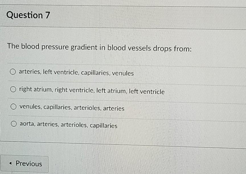 Solved Question 7 The blood pressure gradient in blood | Chegg.com