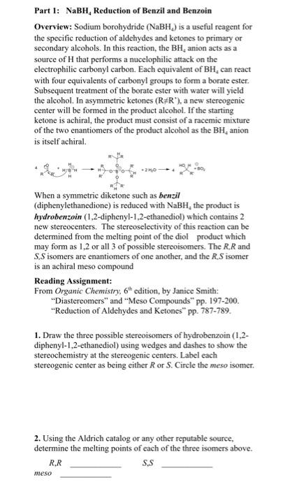 Solved Part 1: NaBH, Reduction of Benzil and Benzoin | Chegg.com