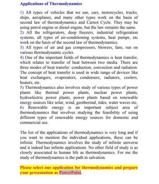 Applications of Thermodynamics 1) All types of | Chegg.com