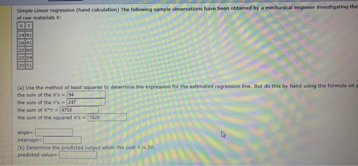 Solved Simple Linear regression (hand calculation) The | Chegg.com
