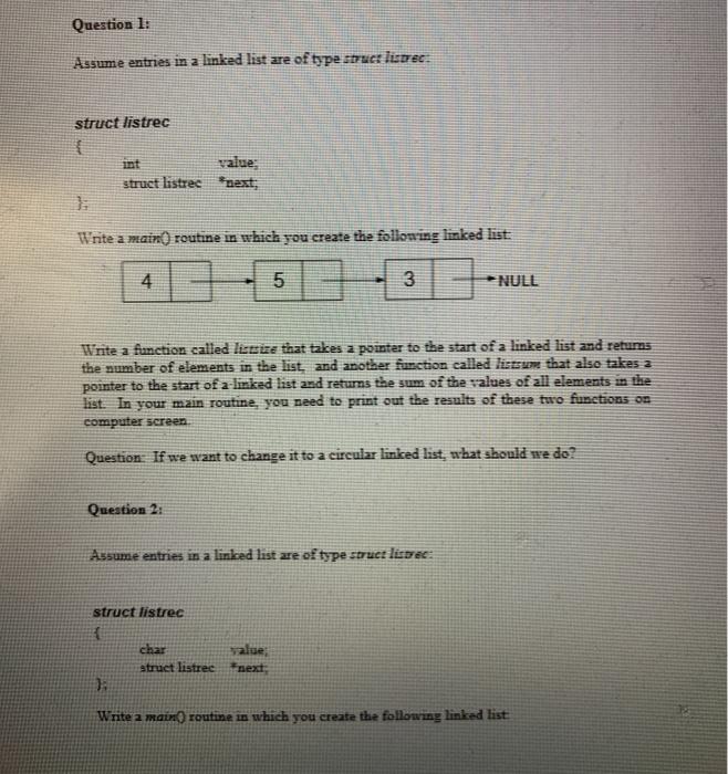 Solved Question 1 Assume Entries In A Linked List Are Of