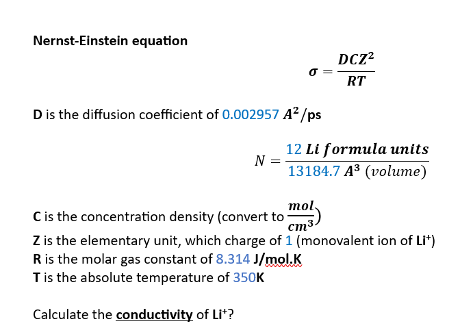 Solved Nernst-Einstein equationσ=DCZ2RTD is the diffusion | Chegg.com