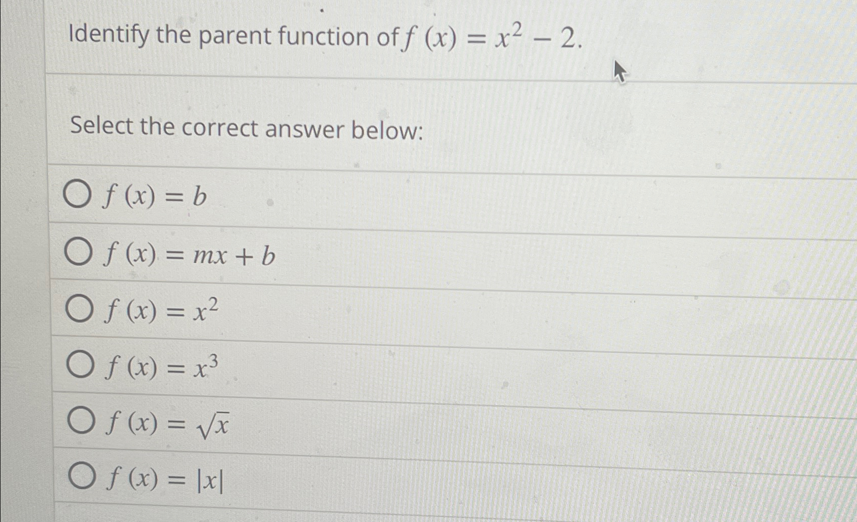 Solved Identify the parent function of f(x)=x2-2.Select the | Chegg.com