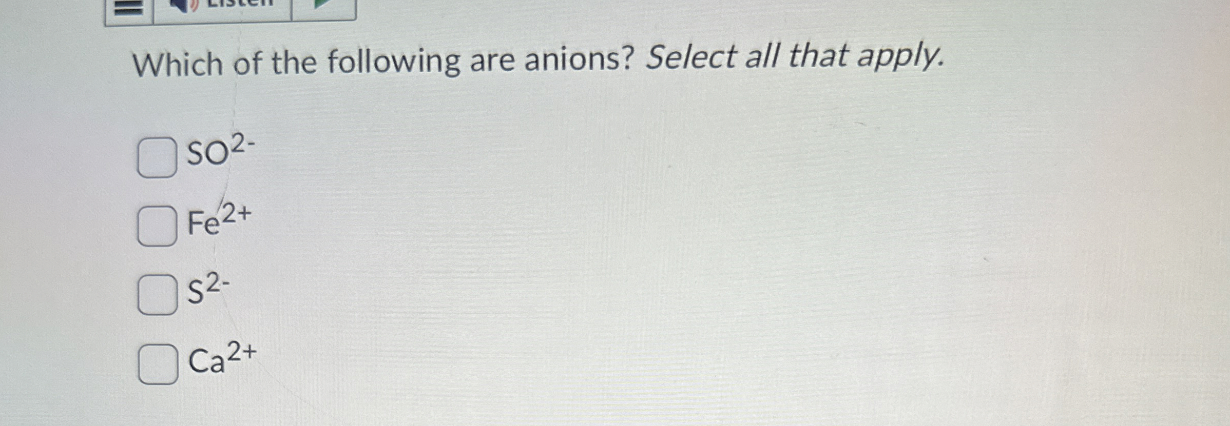 Solved Which of the following are anions? Select all that | Chegg.com