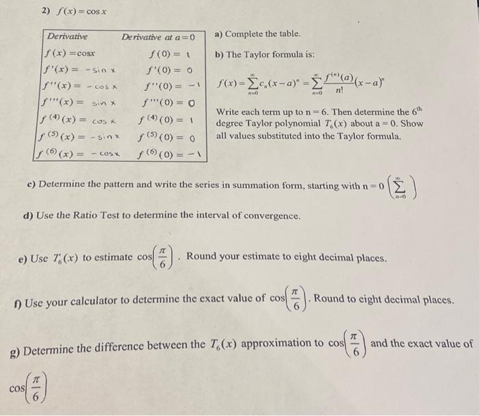 2) f(x)=cosx a) Complete the table. b) The Taylor | Chegg.com