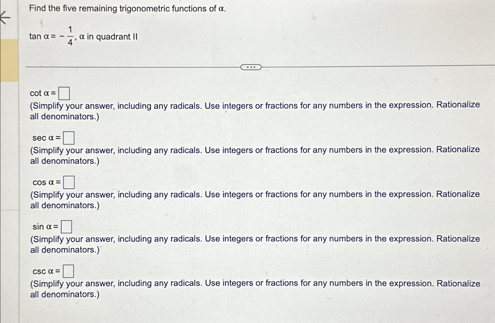 Solved Find the five remaining trigonometric functions of | Chegg.com