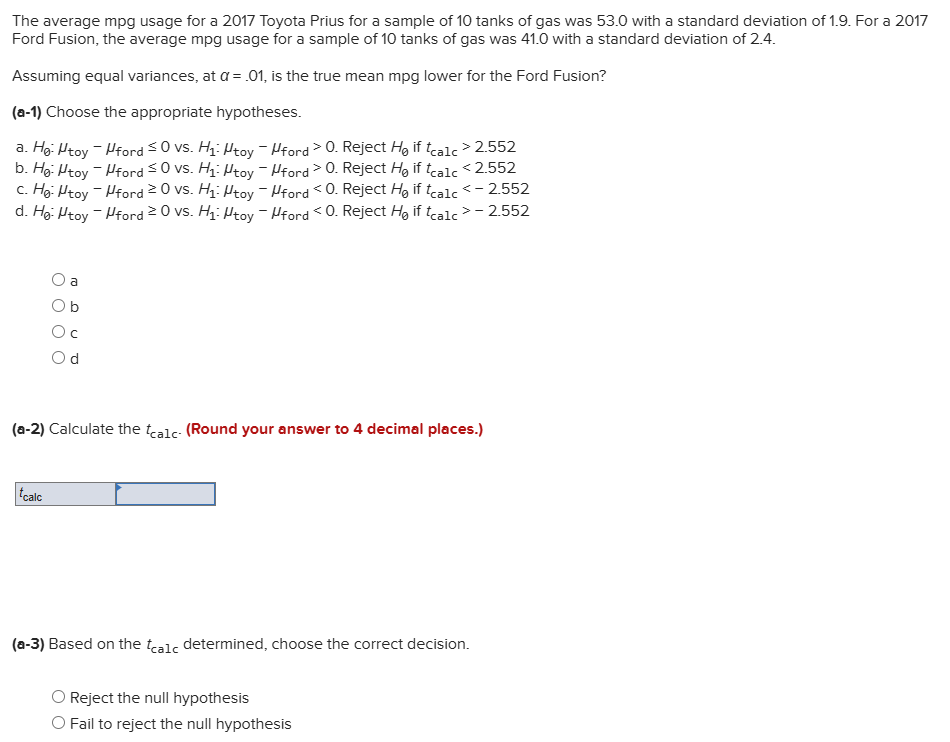 Solved The average mpg ﻿usage for a 2017 ﻿Toyota Prius for a | Chegg.com