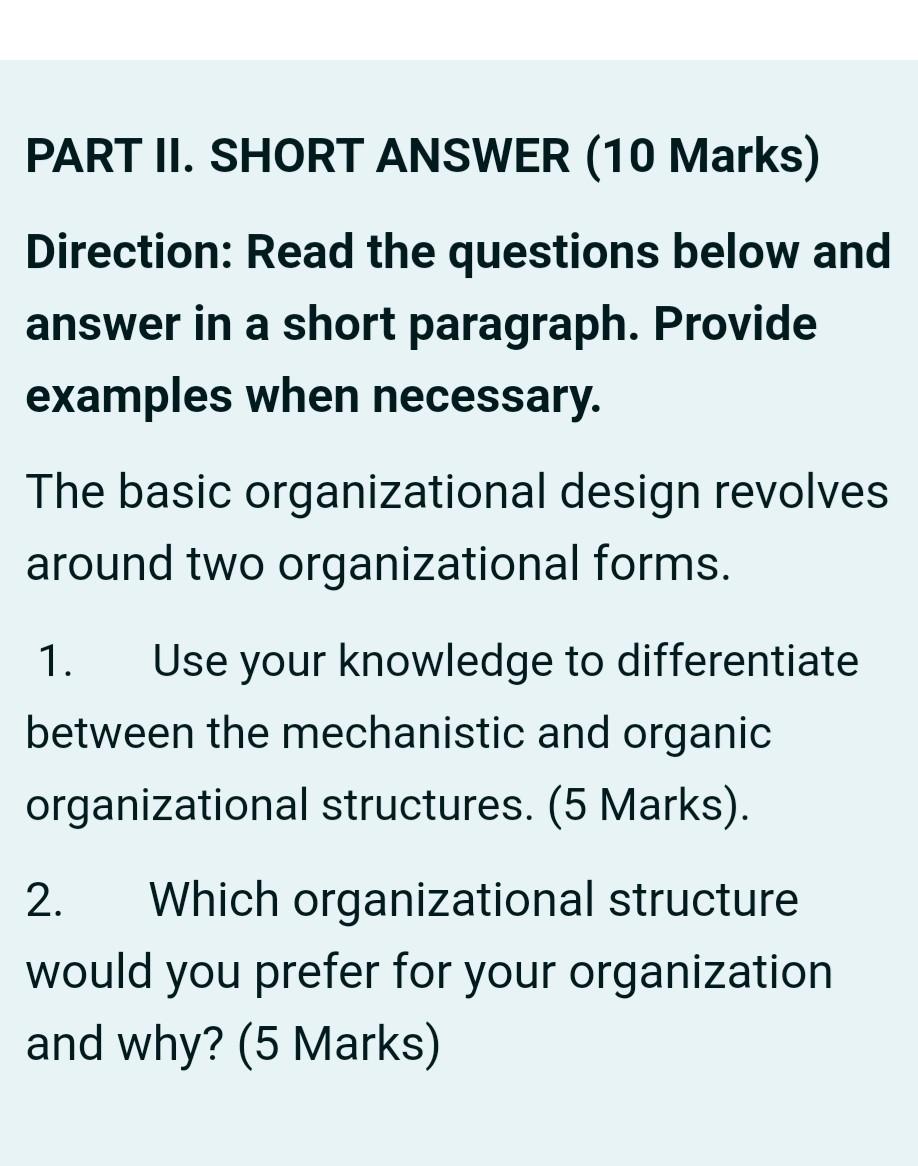 Solved PART II. SHORT ANSWER (10 Marks) Direction: Read the | Chegg.com
