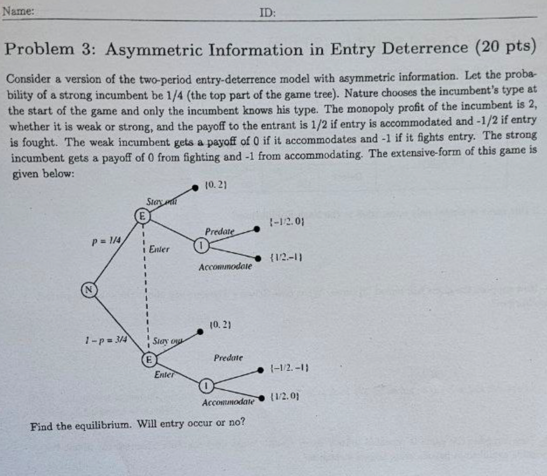 Solved Problem 3: Asymmetric Information in Entry Deterrence | Chegg.com