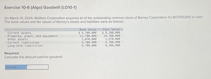 Solved Exercise 10-6 (Algo) Goodwill [LO10-1] On March | Chegg.com