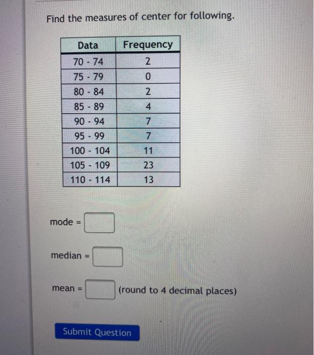 Solved Find the measures of center for following. Frequency | Chegg.com