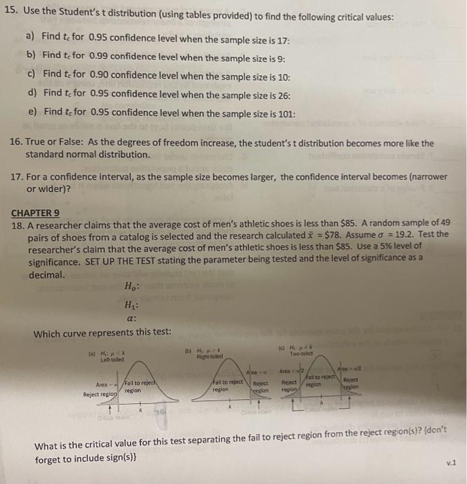 Solved 15. Use the Student's t distribution (using tables | Chegg.com