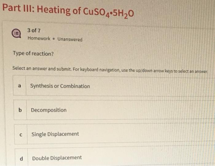 Solved Part III: Heating of CuSO4.5H₂O 3 of 7 Homework | Chegg.com