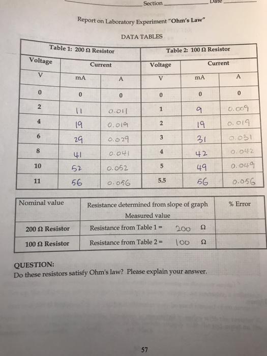 Solved Section Date Report on Laboratory Experiment "Ohm's | Chegg.com