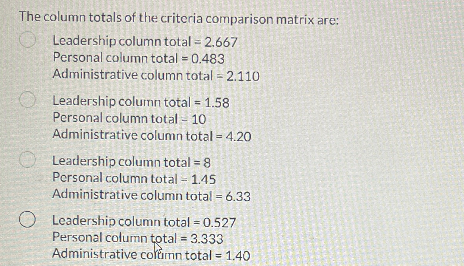 Solved The column totals of the criteria comparison matrix | Chegg.com