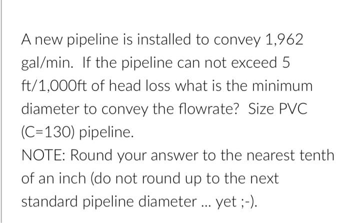 Solved A new pipeline is installed to convey 1,962 gal/min. | Chegg.com