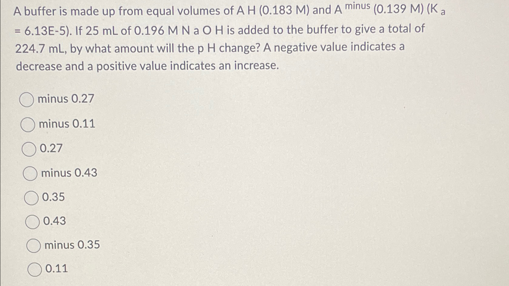 Solved A buffer is made up from equal volumes of AH(0.183M) | Chegg.com