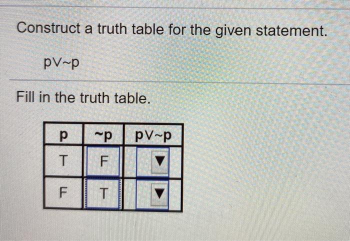 Solved Construct A Truth Table For The Given Statement Pv~p