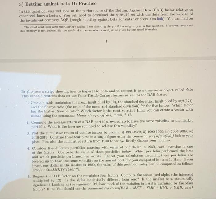 Solved 3) Betting against beta II: Practice In this | Chegg.com