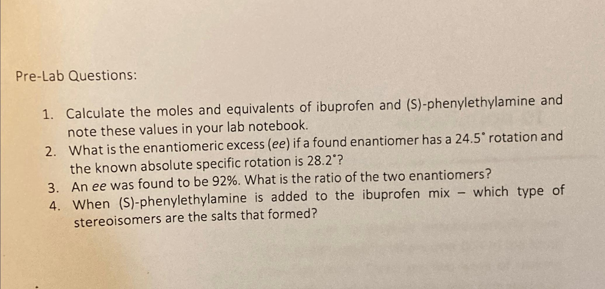 Solved Pre-Lab Questions:Calculate the moles and equivalents | Chegg.com
