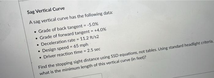 Solved Sag Vertical Curve A sag vertical curve has the | Chegg.com