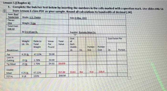 Lesson 5 (Chapter 6 ) 1. Complete the butcher test | Chegg.com
